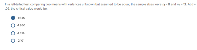 Solved In a left-tailed test comparing two means with | Chegg.com