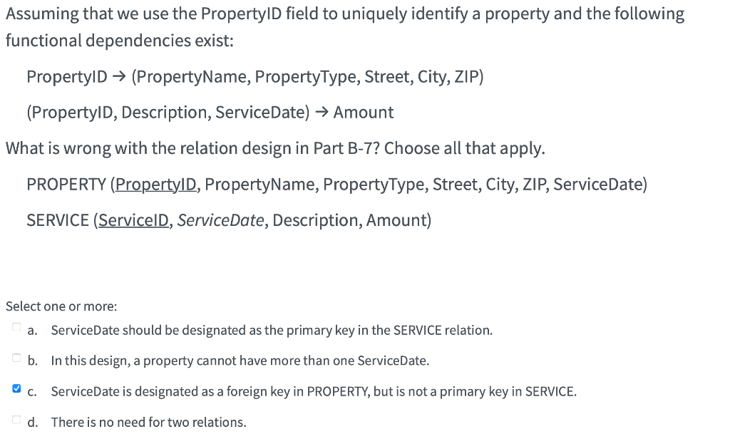Solved Assuming that we use the PropertyID field to uniquely | Chegg.com