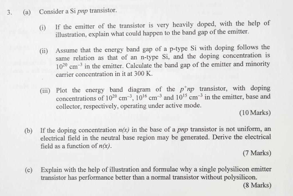 Solved (a) Consider a Si pnp transistor. (i) If the emitter | Chegg.com