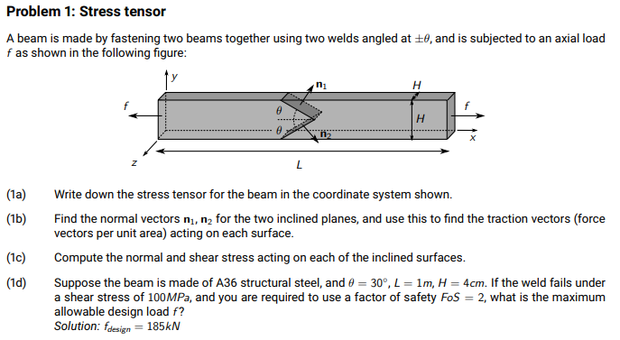 Problem 1: Stress tensor A beam is made by fastening | Chegg.com
