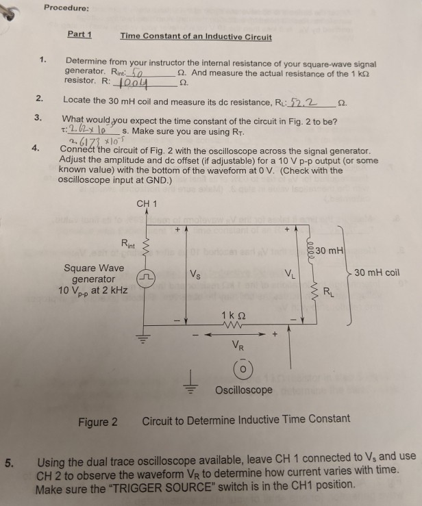 Procedure: Part 1 Time Constant of an Inductive | Chegg.com