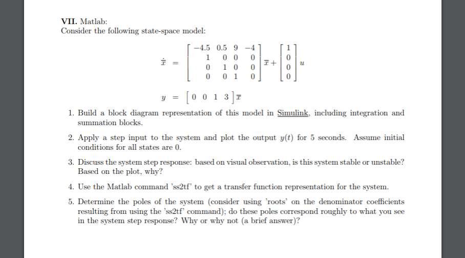 Solved VII. Matlab Consider the following state-space model: | Chegg.com