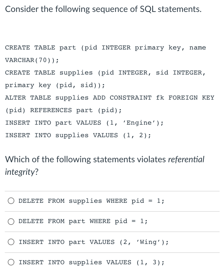 Solved Consider the following sequence of SQL statements. | Chegg.com