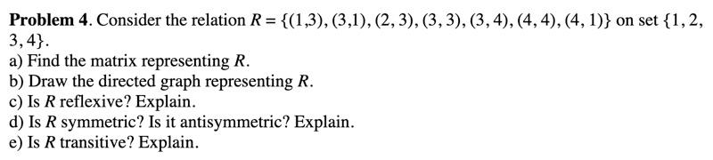 Solved Problem 4. Consider the relation R = {(1,3), (3,1), | Chegg.com