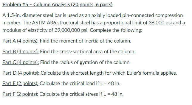 Solved Problem #5 - Column Analysis (20 points, 6 parts) A | Chegg.com