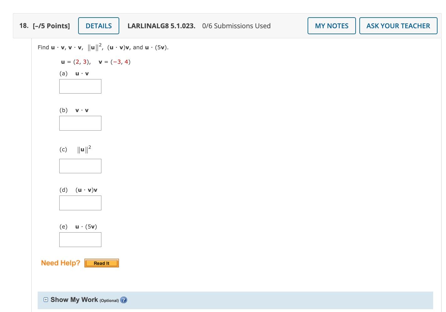 Solved Find u⋅v,v⋅v,∥u∥2,(u⋅v)v, and u⋅(5v). | Chegg.com