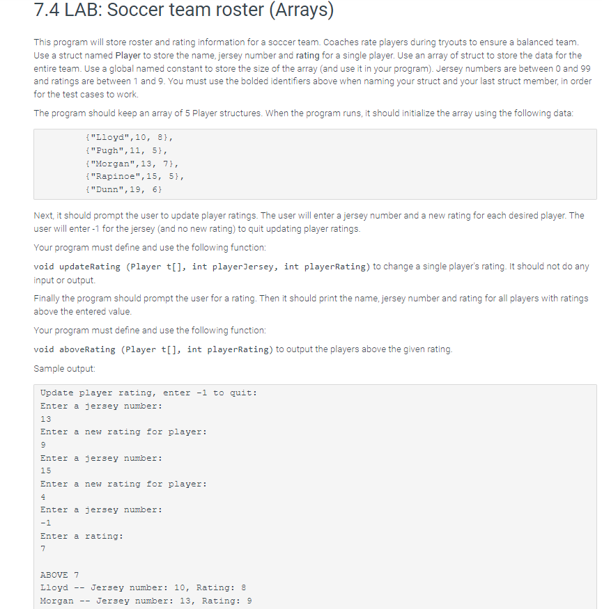 Solved 7.4 LAB: Soccer team roster (Arrays) This program | Chegg.com