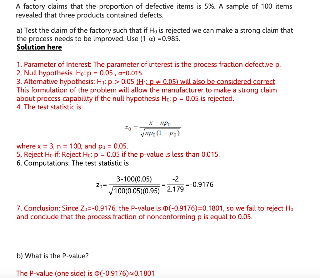 Solved A factory claims that the proportion of defective | Chegg.com