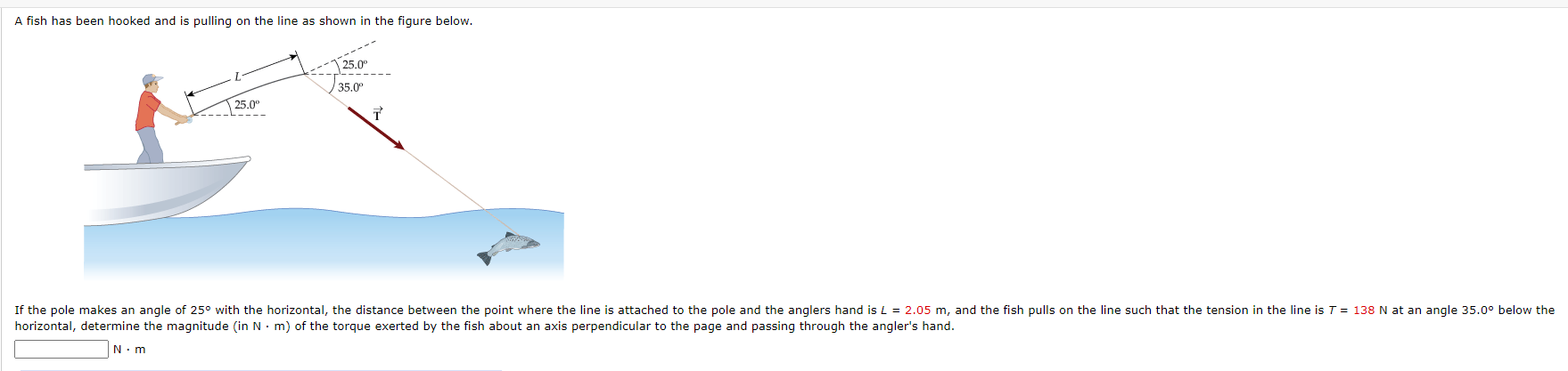 Solved A fish has been hooked and is pulling on the line as | Chegg.com