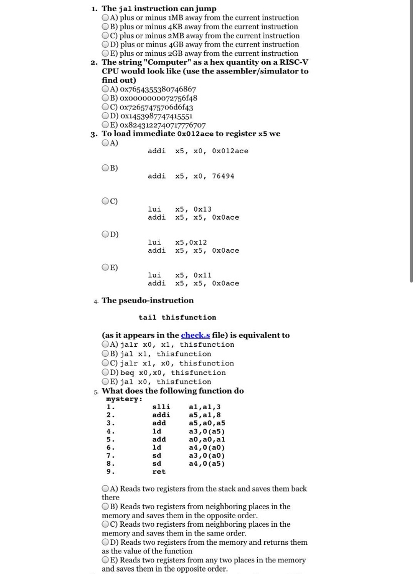 Solved 1. The jal instruction can jump OA) plus or minus 1MB | Chegg.com