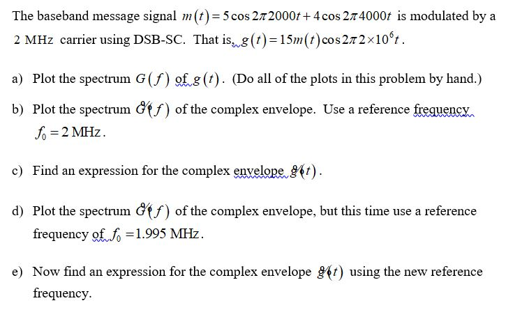 Solved The baseband message signal m (t) 5 cos 2 20001+ 4 | Chegg.com