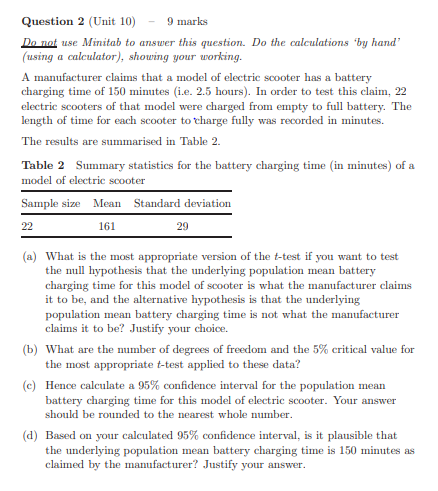 Solved 9 marks Question 2 (Unit 10) Do not use Minitab to | Chegg.com