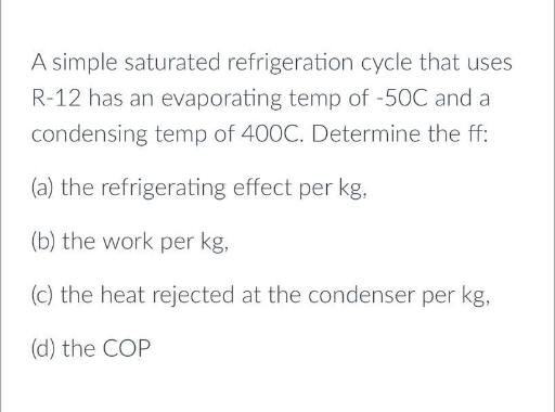 Solved A simple saturated refrigeration cycle that uses R-12 | Chegg.com