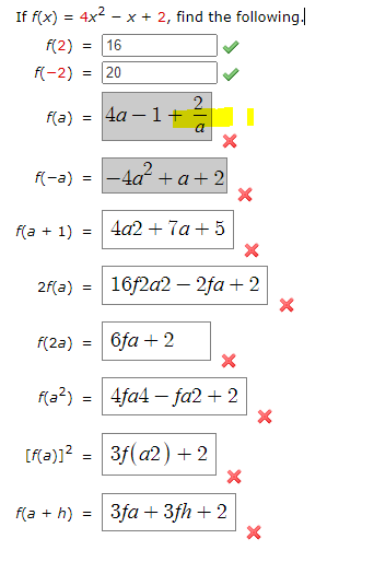 Solved If f(x)=4x2−x+2, find the f(2)f(−2)f(a)===4a−1+a2 | Chegg.com