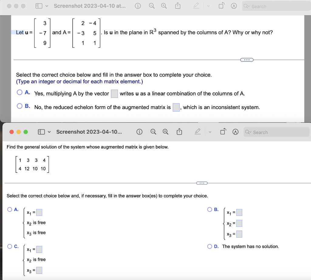 Solved Let u=⎣⎡3−79⎦⎤ and A=⎣⎡2−31−451⎦⎤. Is u Select the | Chegg.com