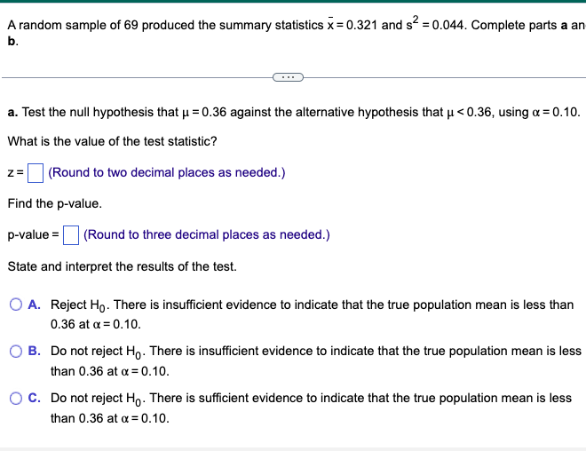 Solved A random sample of 69 produced the summary statistics | Chegg.com