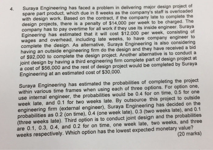 Solved Suraya Engineering has faced a problem in delivering | Chegg.com