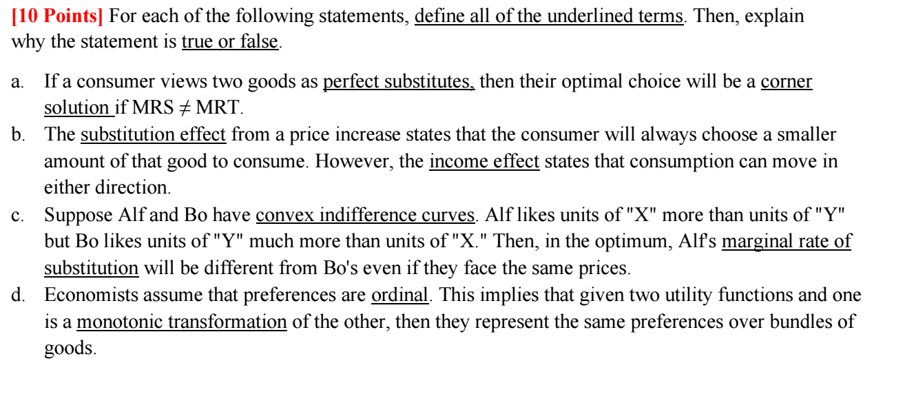 Solved [10 ﻿Points] ﻿For each of the following statements, | Chegg.com