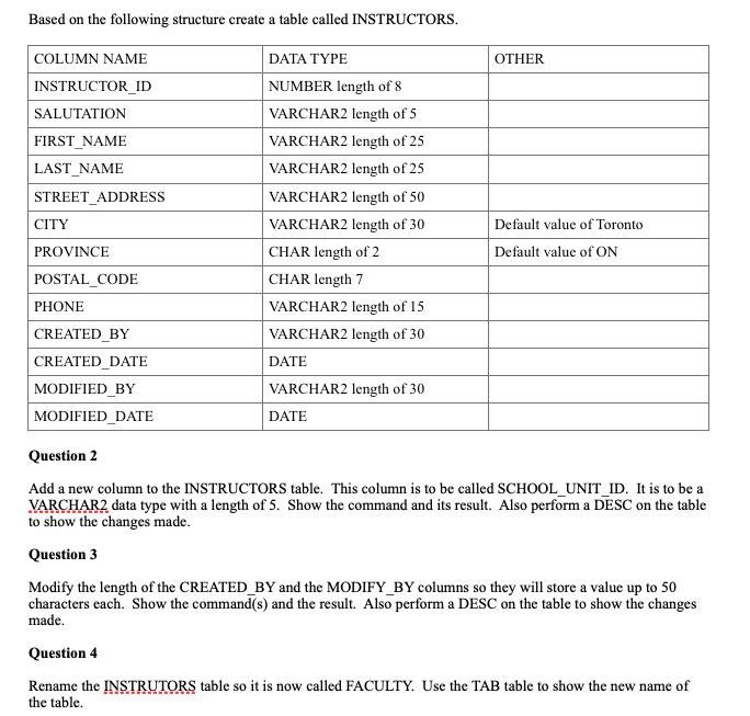 Solved Based on the following structure create a table | Chegg.com