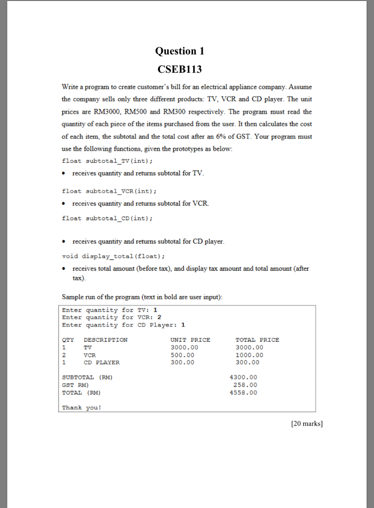 Solved Question 1 CSEB113 Write a program to create | Chegg.com