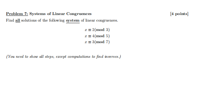 Solved Problem 7: Systems of Linear Congruences [4 points] | Chegg.com