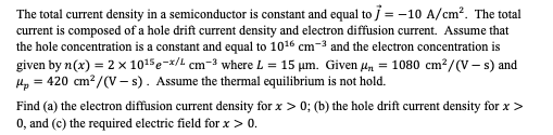 Solved The total current density in a semiconductor is | Chegg.com