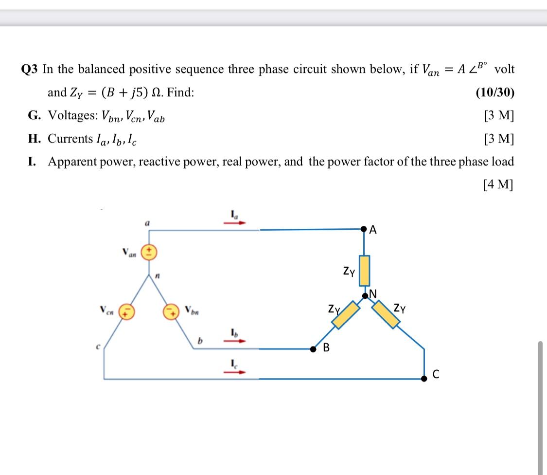 Solved Q3 In the balanced positive sequence three phase | Chegg.com
