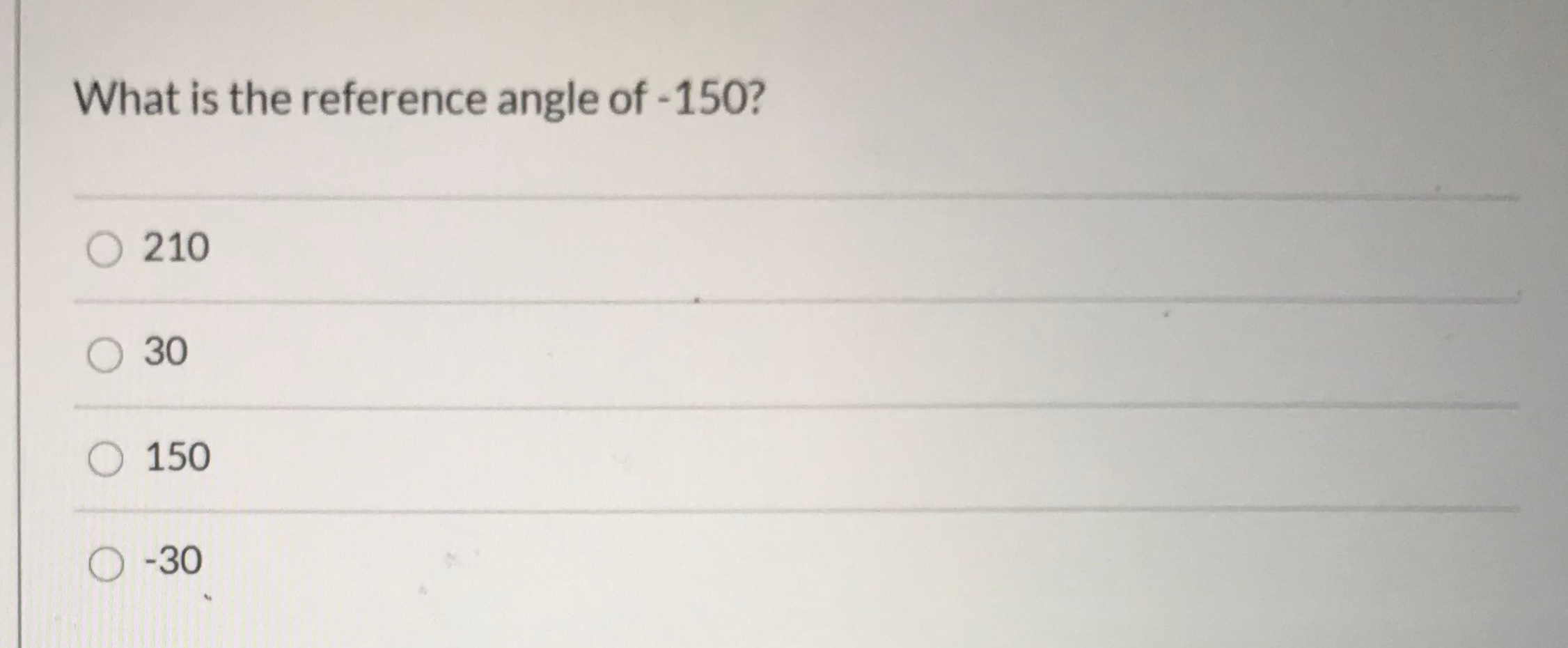 Solved What is the reference angle of -150? 0 210 30 150 0 | Chegg.com