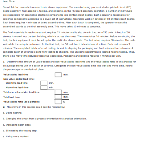 Solved Lead Time Sound Tek Inc. manufactures electronic | Chegg.com