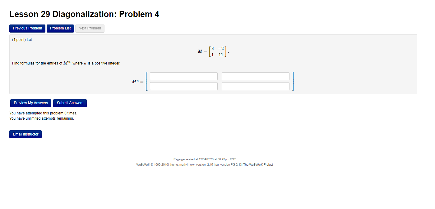 Solved Lesson 29 Diagonalization: Problem 4 Previous Problem | Chegg.com