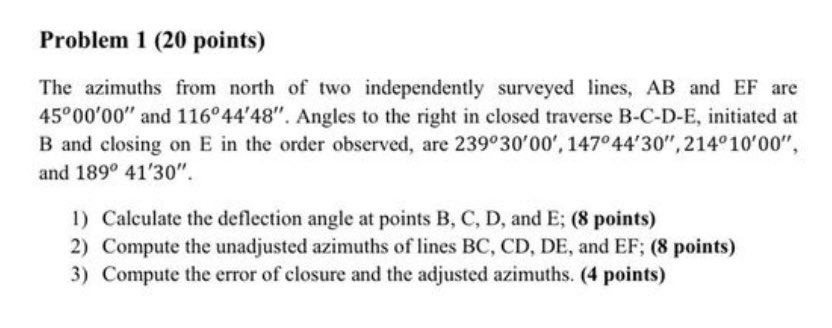 Solved Problem 1 (20 points) The azimuths from north of two | Chegg.com