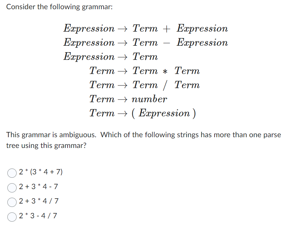 Solved Consider the following grammar: Expression | Chegg.com