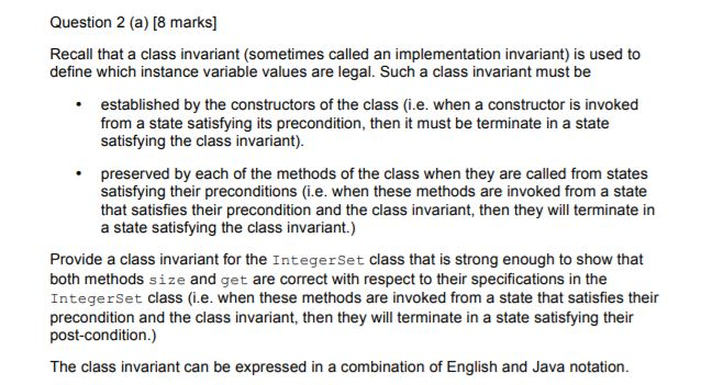 Solved Question 2 [12 marks] The following class IntegerSet | Chegg.com