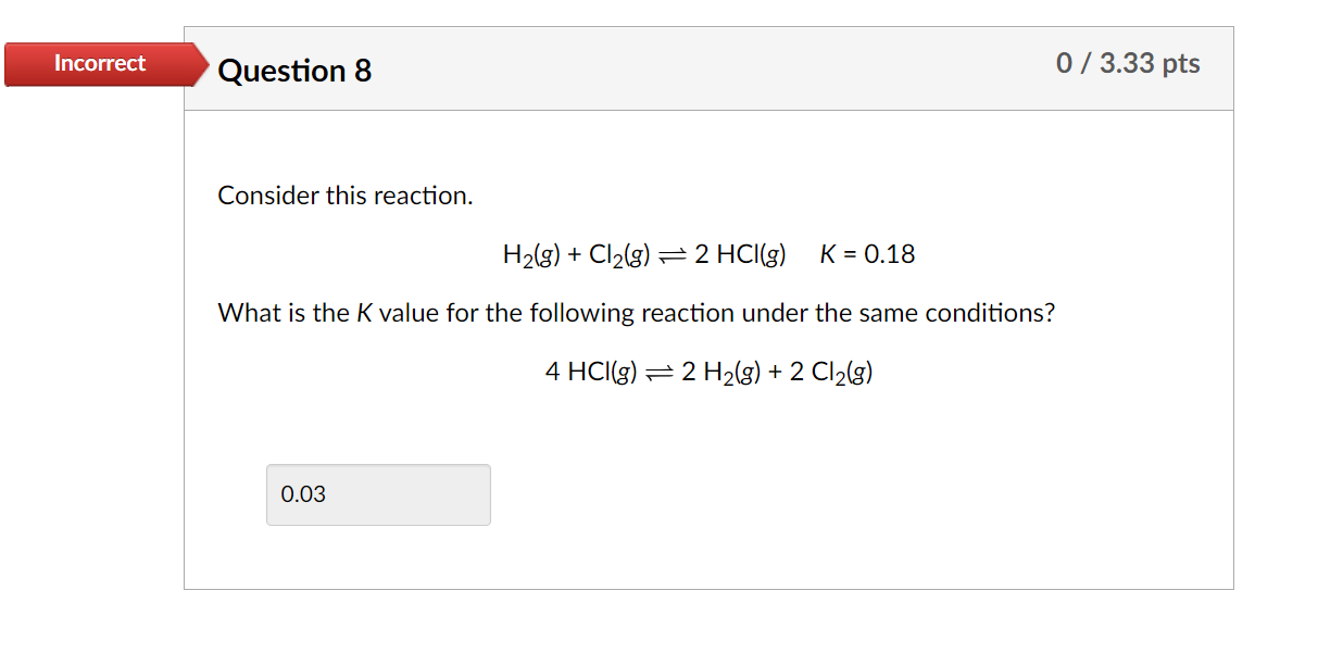 Solved Consider this reaction. H2(g)+Cl2(g)⇌2HCl(g)K=0.18 | Chegg.com