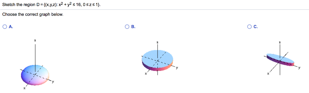 Solved Sketch the region D = {(x,y,z): x2 + y2-16, 0 z 1) | Chegg.com