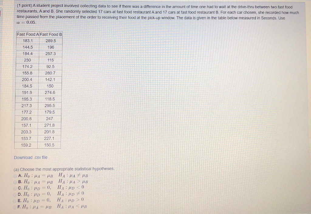 Solved (1 point) A student project involved collecting data | Chegg.com