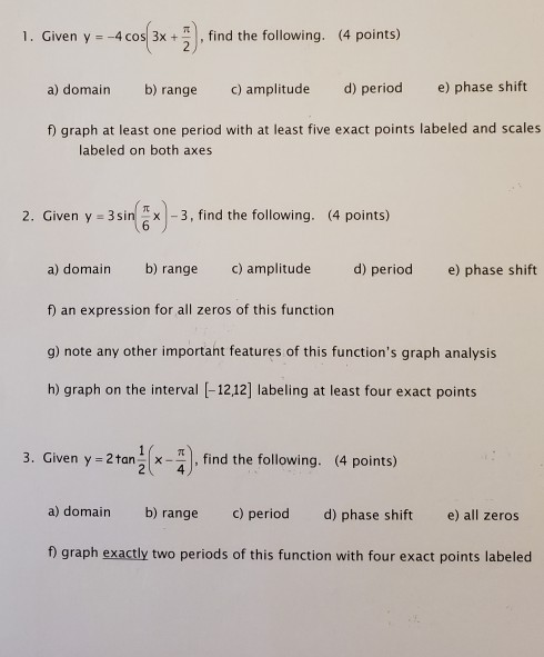 Solved 1. Given y-4 cos 3x + find the following. (4 points) | Chegg.com