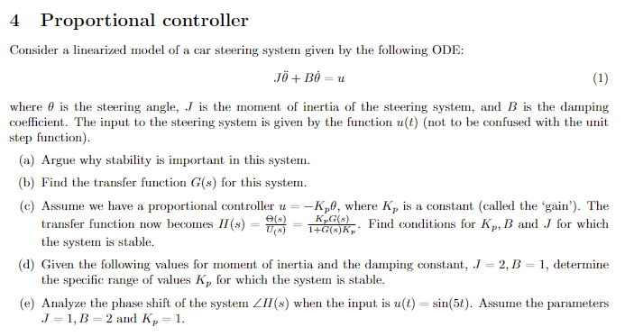 Solved 4 Proportional controller Consider a linearized model | Chegg.com