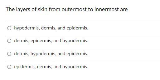 Solved The layers of skin from outermost to innermost are | Chegg.com