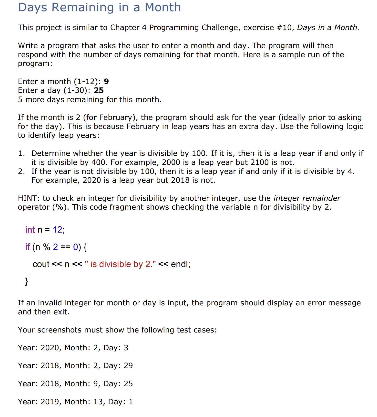 Solved Days Remaining in a Month This project is similar to | Chegg.com