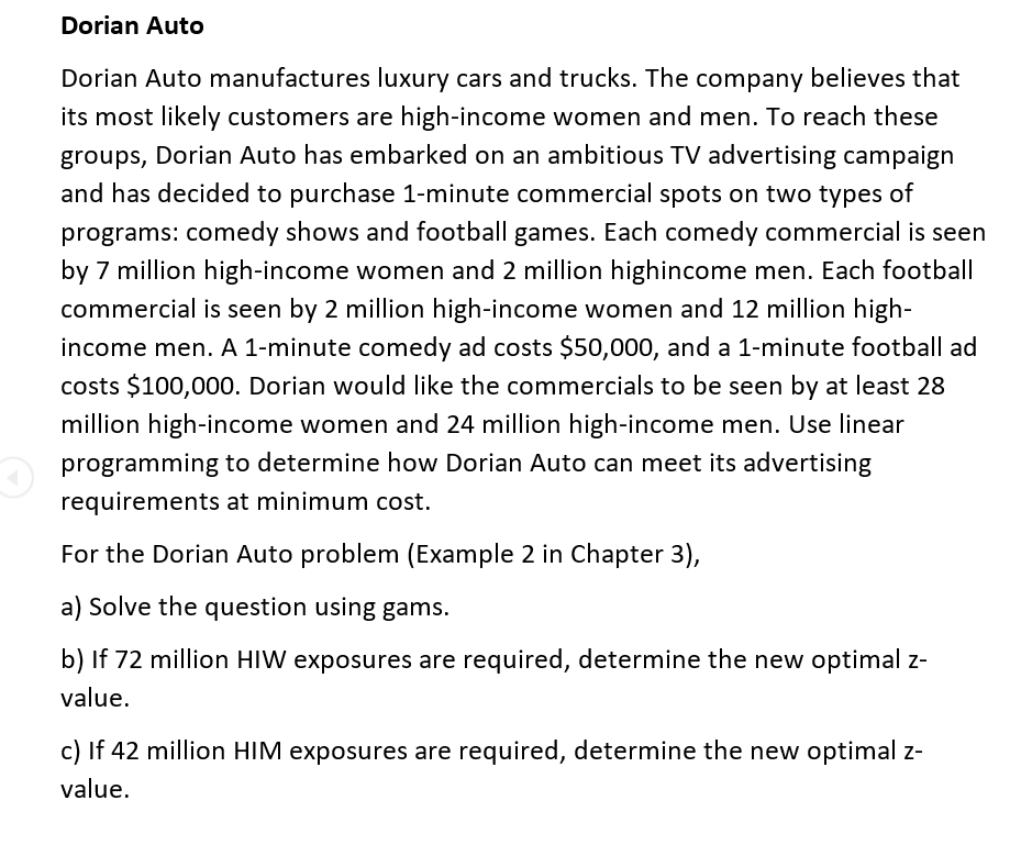 Solved Dorian Auto Dorian Auto manufactures luxury cars and | Chegg.com