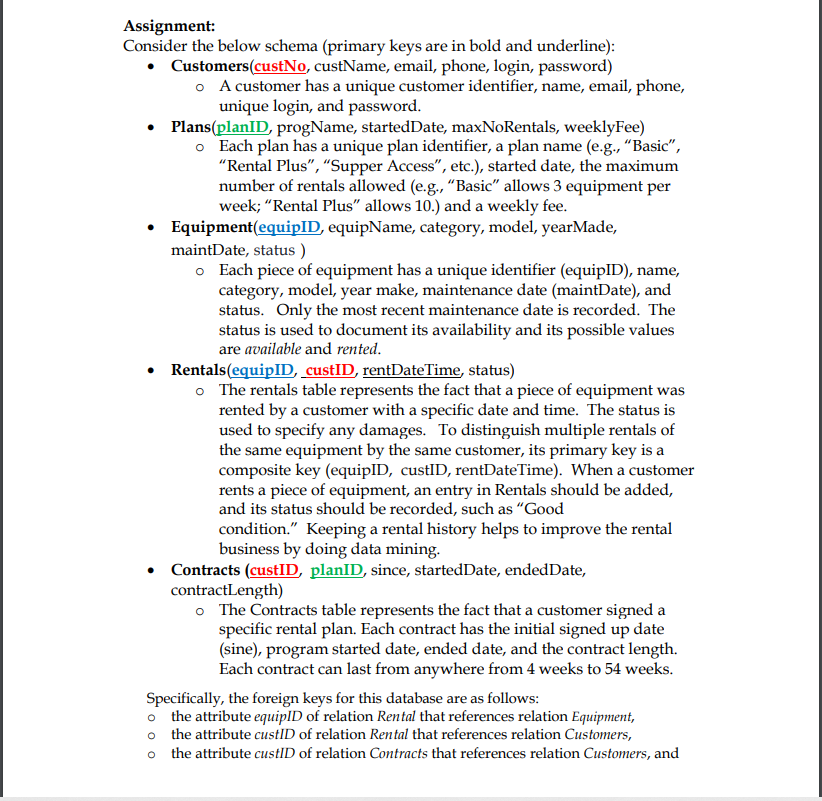 Solved Assignment: Consider the below schema (primary keys | Chegg.com