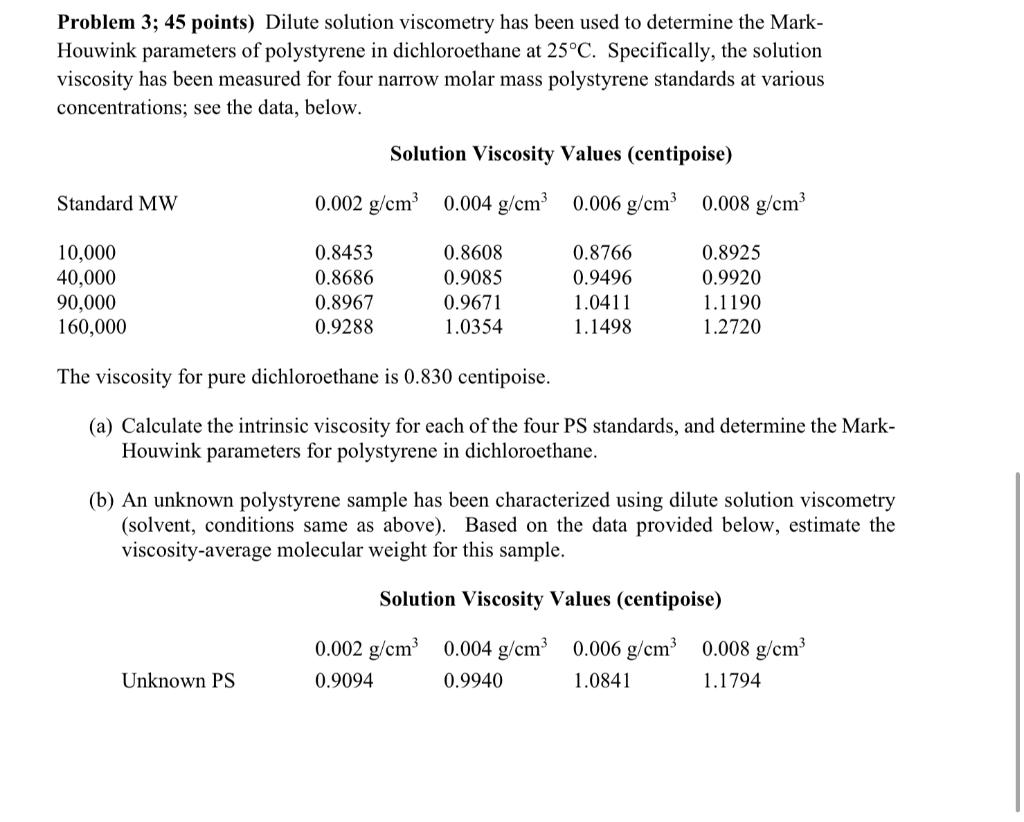 Problem 3;45 points) Dilute solution viscometry has | Chegg.com