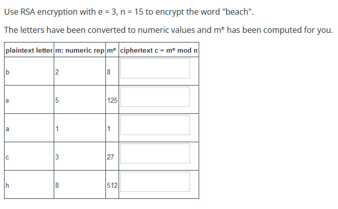 Solved Use RSA encryption with e=3,n=15 ﻿to encrypt the word | Chegg.com