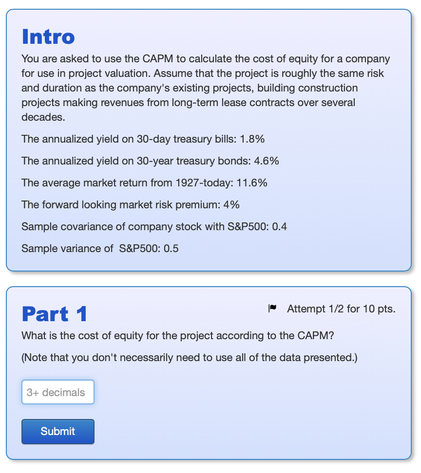 Solved Intro You are asked to use the CAPM to calculate the | Chegg.com