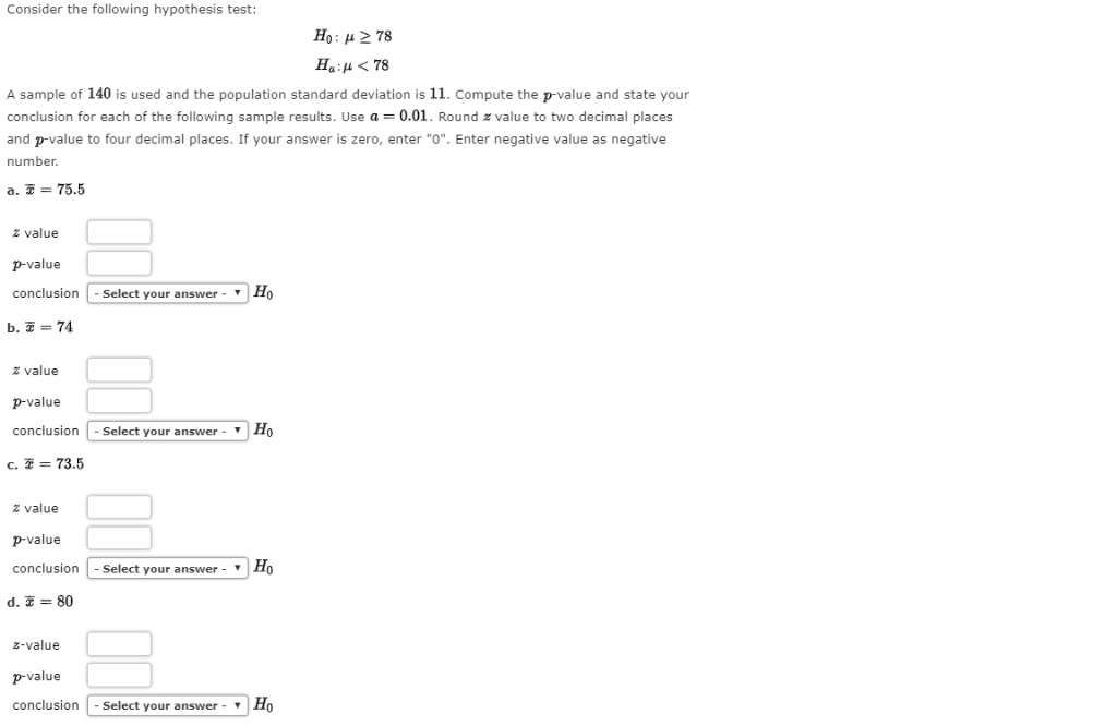 Solved Consider the following hypothesis test: Ho: u 78 | Chegg.com