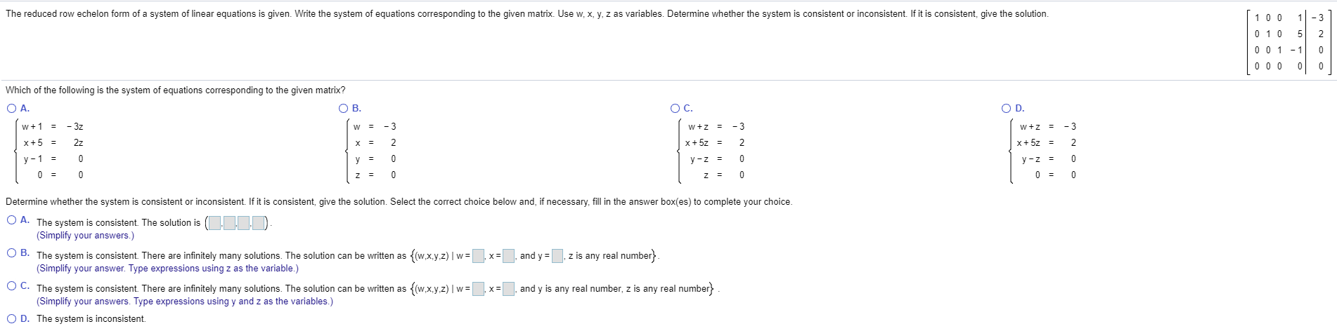 Solved The reduced row echelon form of a system of linear | Chegg.com
