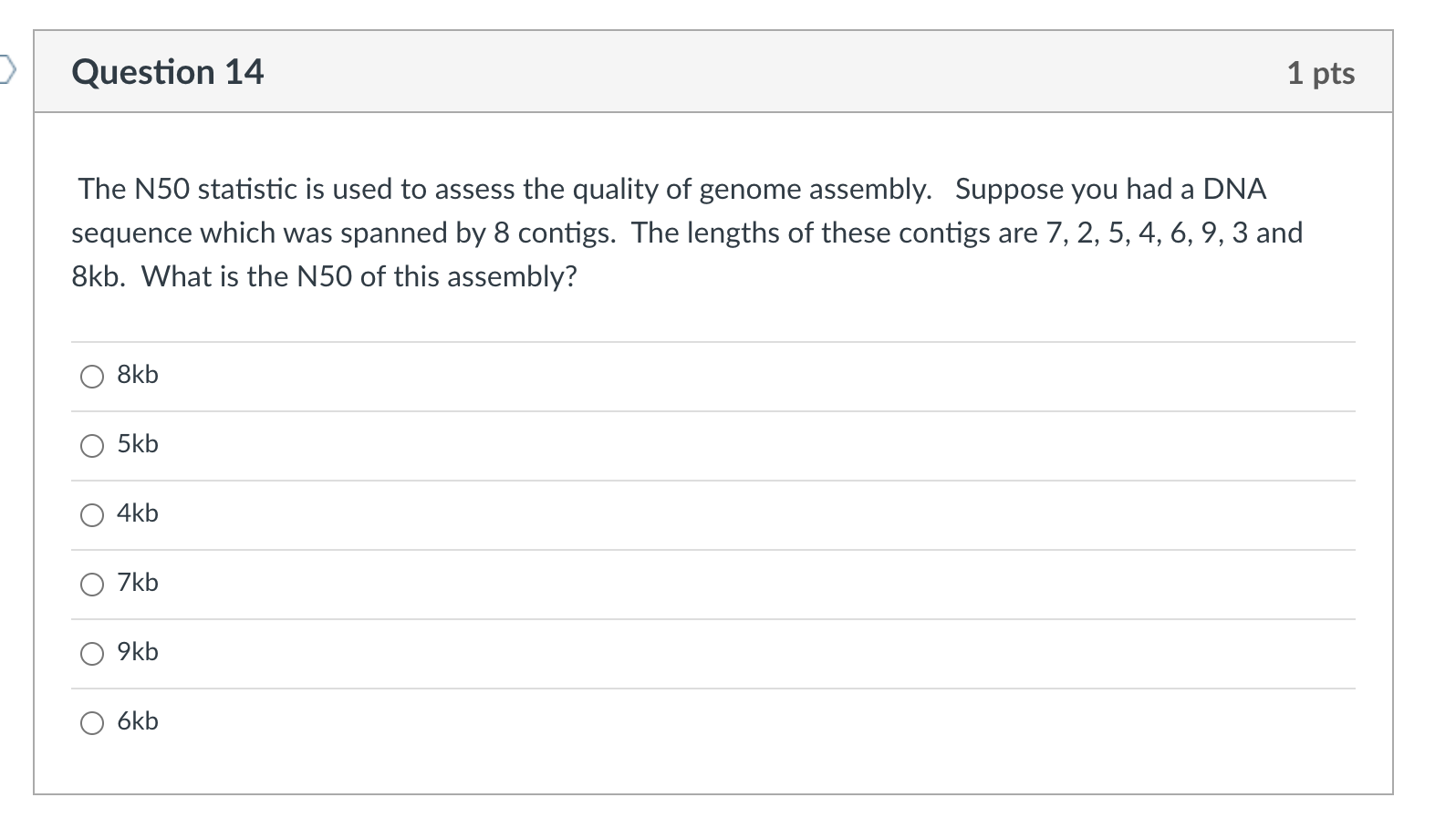 Solved Question 14 1 pts The N50 statistic is used to assess | Chegg.com