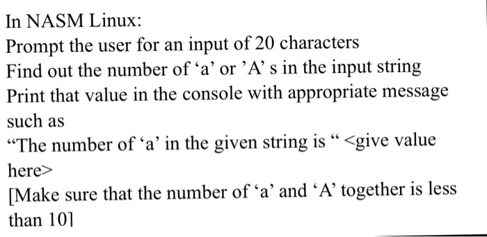 Solved In NASM Linux: Prompt the user for an input of 20 | Chegg.com