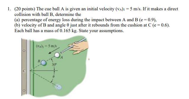 Solved 1. (20 points) The cue ball A is given an initial | Chegg.com